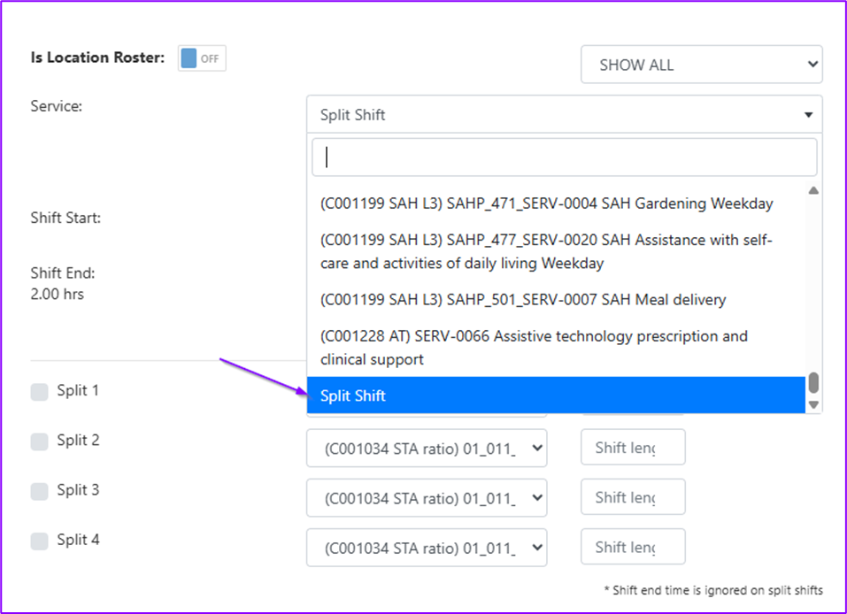 SAH Split Shift Rostering